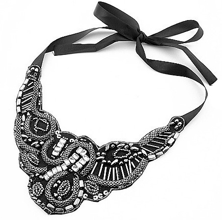 Silver Metal Rhinestone Fabric Bib Necklace