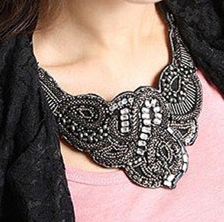 Silver Metal Rhinestone Fabric Bib Necklace