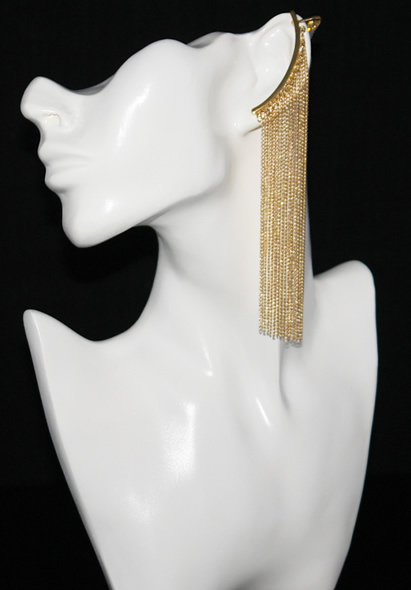 Trendy Long Fringe Earring with Ear Cuff in gold