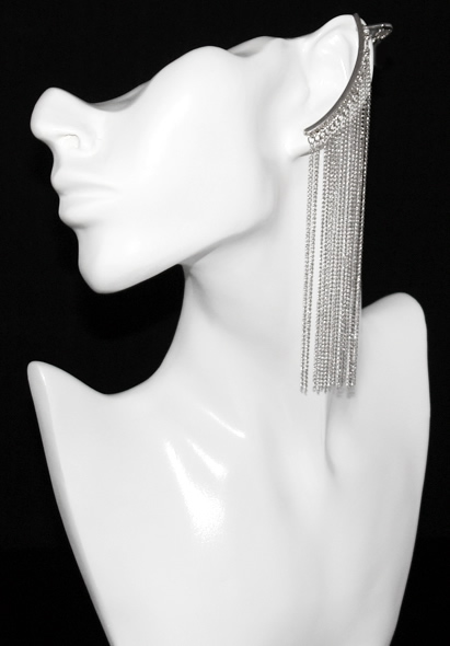 Trendy Long Fringe Earring with Ear Cuff in silver