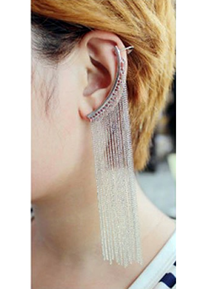 Trendy Long Fringe Earring with Ear Cuff in silver